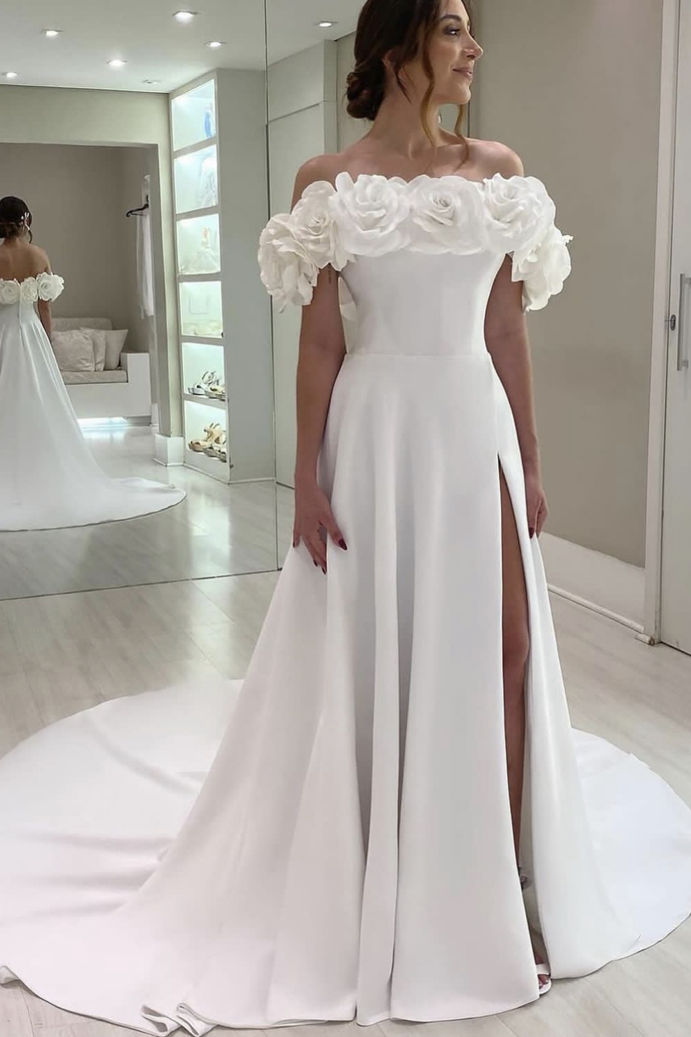 Flowers Off-the-shoulder Wedding Dress with Split Side – loveangeldress