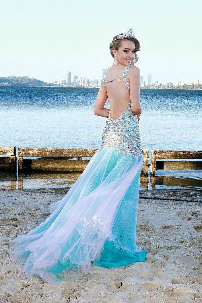 Colored Rhinestones Low Back Prom Long Pageant Dresses – loveangeldress