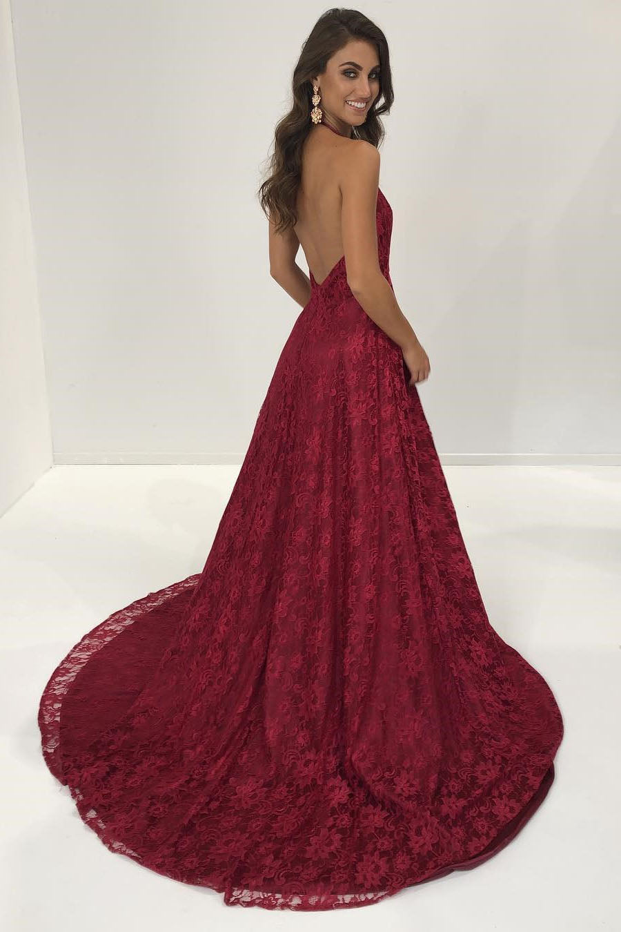 Halter Plunging V-neck A-line Burgundy Lace Dress for Prom Party ...