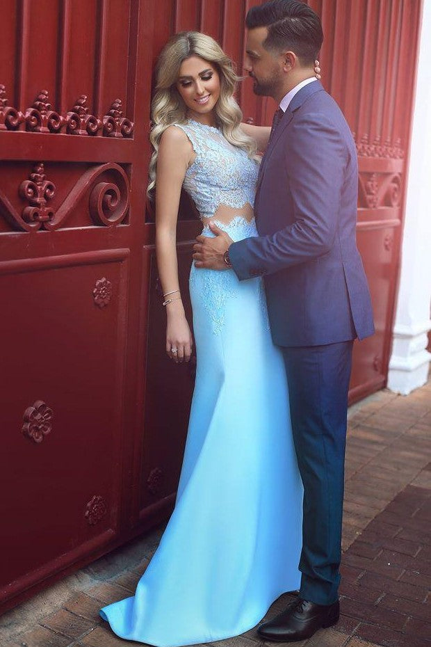 Light-blue Lace Satin Mermaid Prom Dress Two Piece – loveangeldress