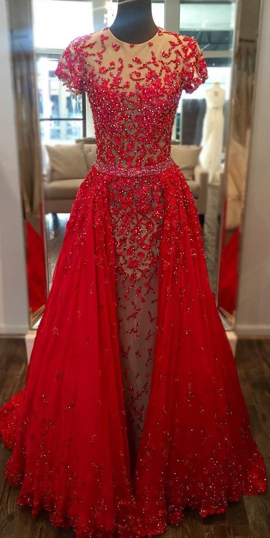 Luxury Beaded Lace Red Evening Prom Dress in Dubai Short Sleeves ...