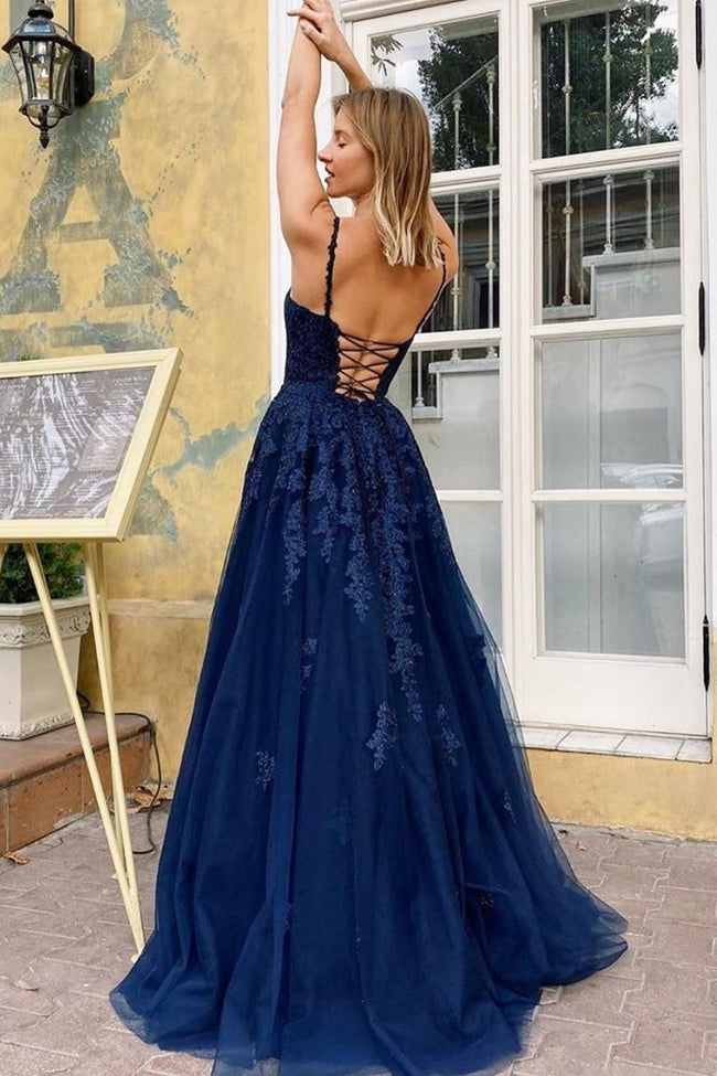 Navy Blue Lace Prom Dress